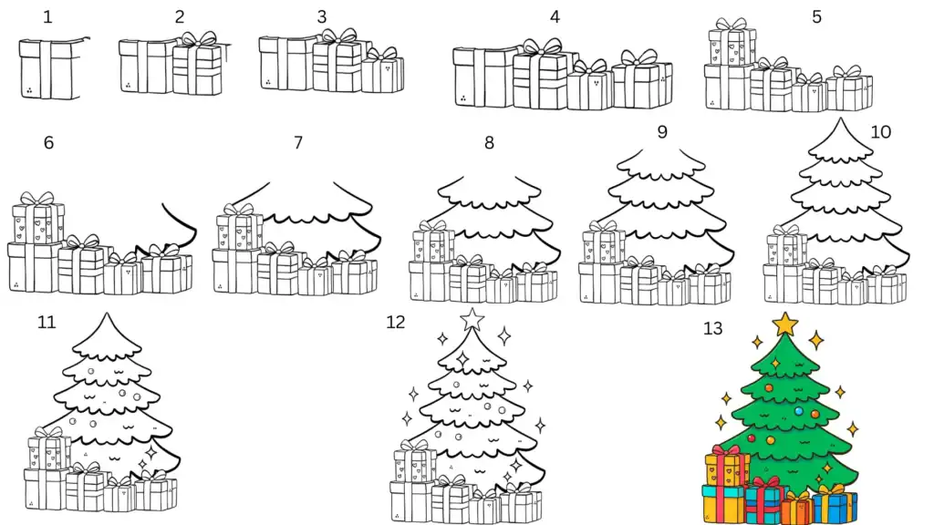 Easy Christmas Drawing – Tree with Gifts Step by Step for kids
